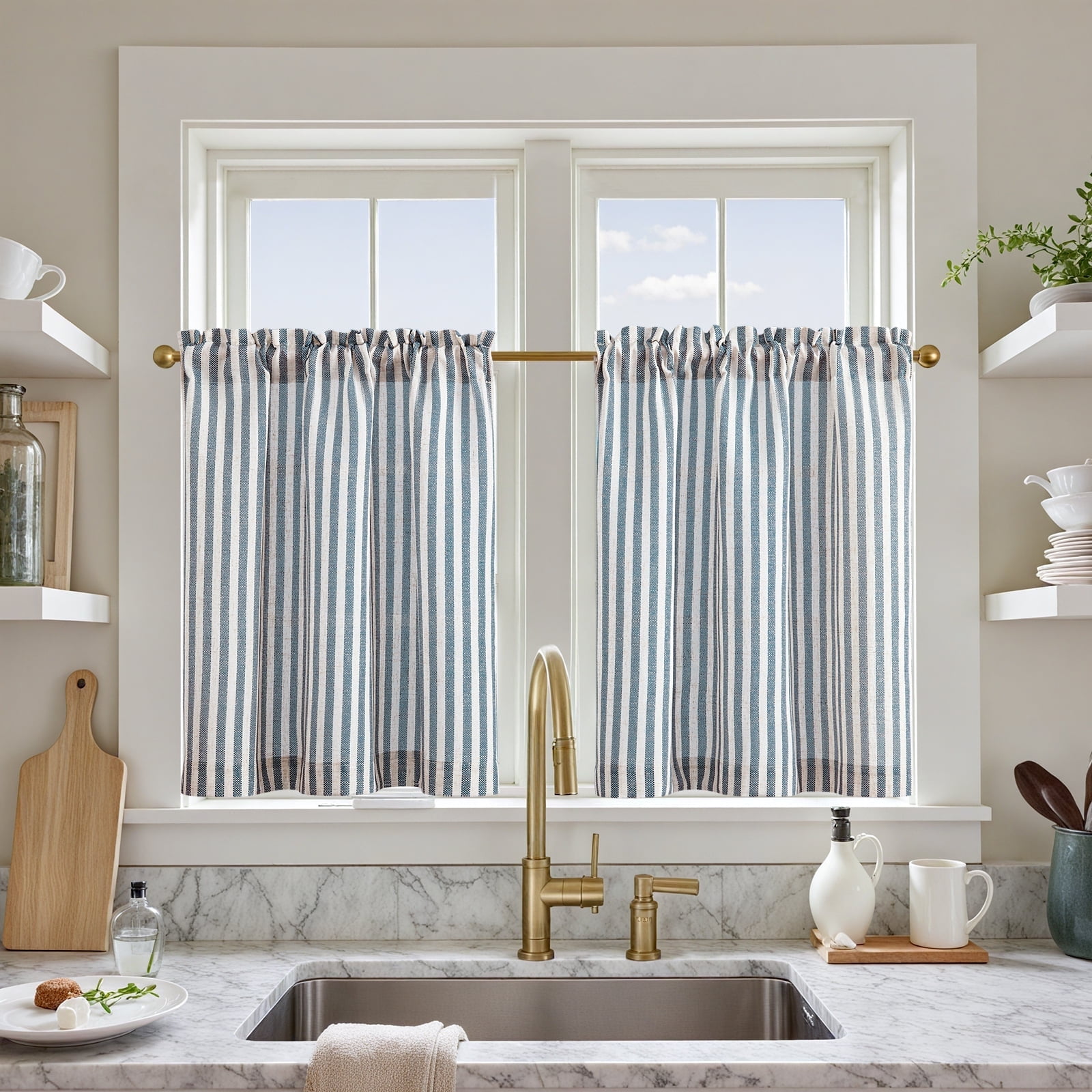 Curtainking Linen Striped Kitchen Curtains 26x24 Inch Semi-Sheer ...