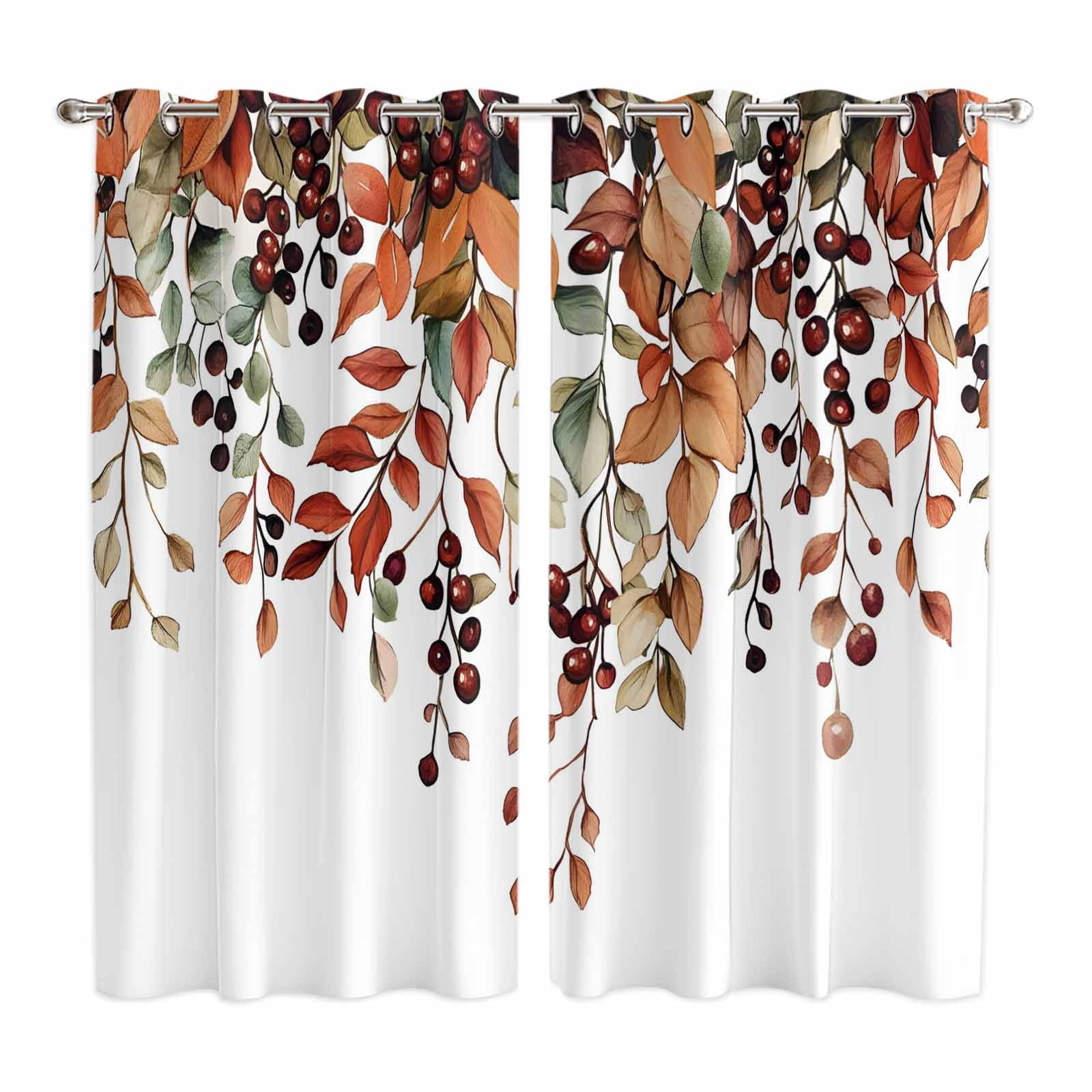 Curtains 63 Inch Length 2 Panels, Brown Fall Leaves Grommets Window ...
