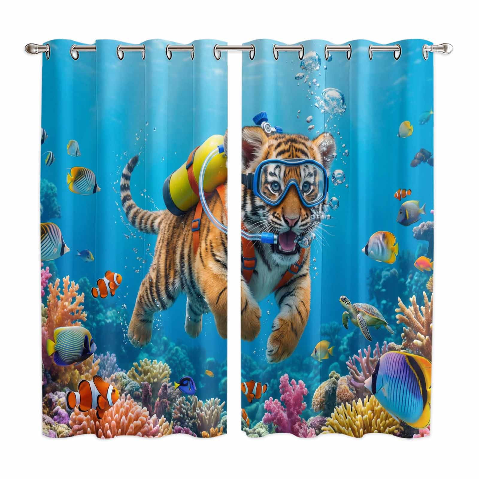 Curtains 63 Inch Length 2 Panels, Funny Diving Tiger Grommets Window ...