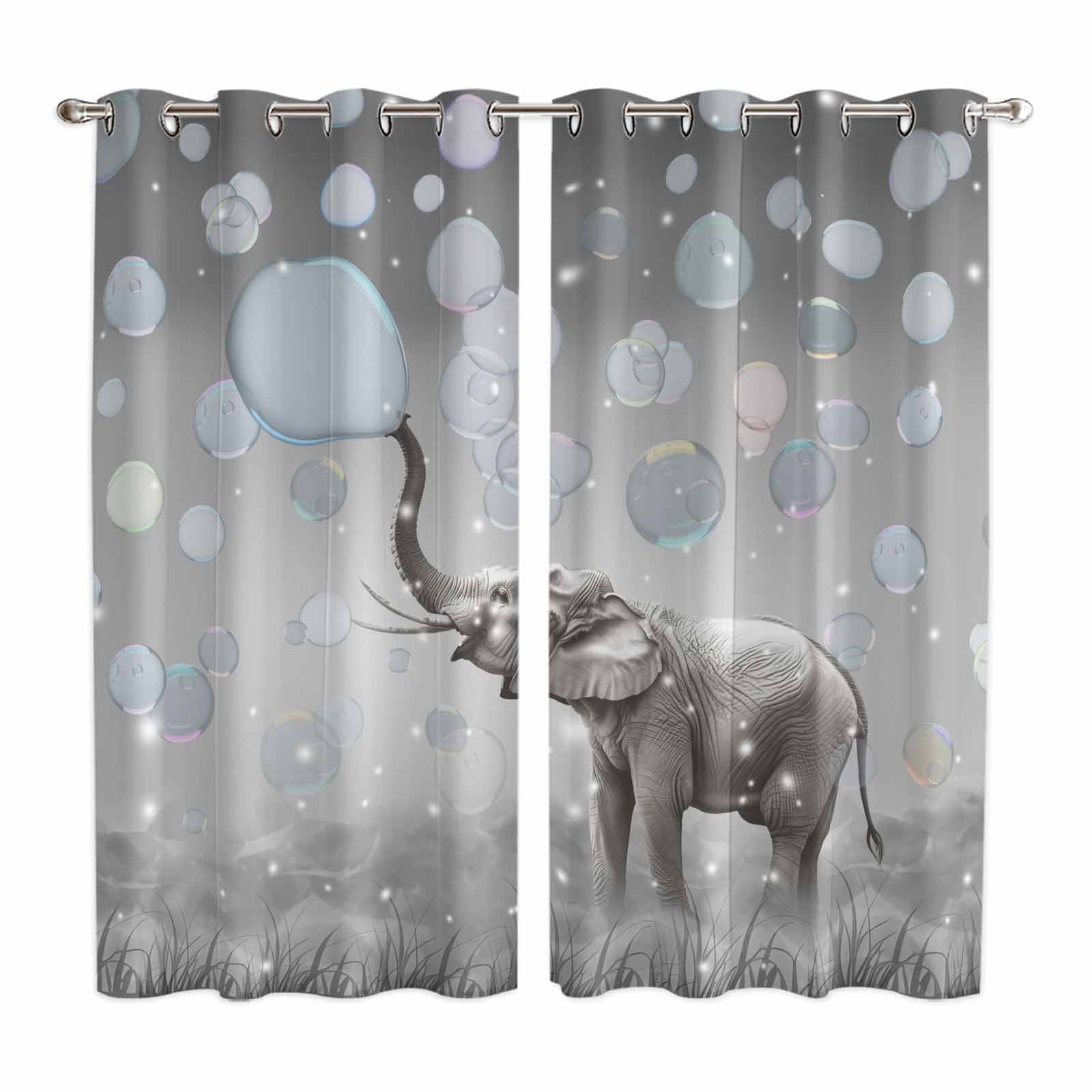 Curtains 63 Inch Length 2 Panels, Gray Elephants Grommets Window ...