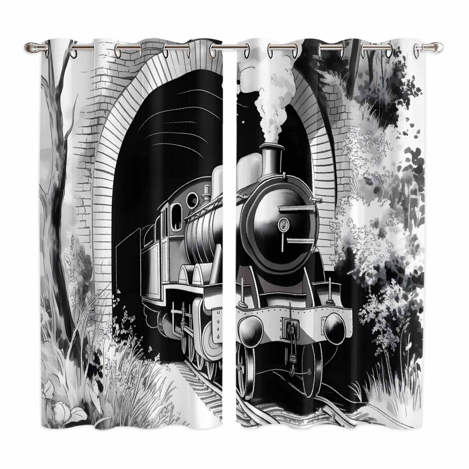 Curtains 63 Inch Length 2 Panels, Grey Trains Grommets Window Treatment ...