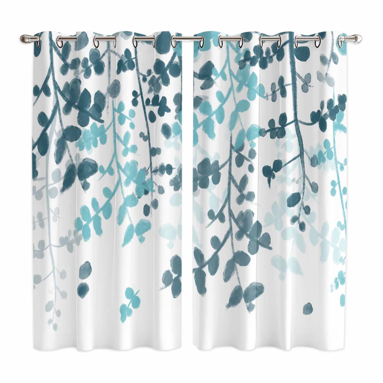 Curtains 63 Inch Length 2 Panels, Teal Blue Leaves Grommets Window ...