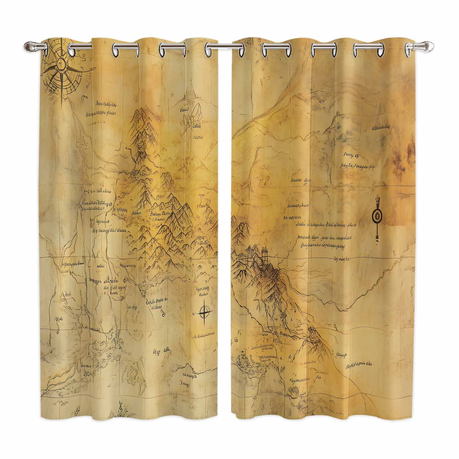 Curtains 63 Inch Length 2 Panels, Vintage Map Grommets Window Treatment ...