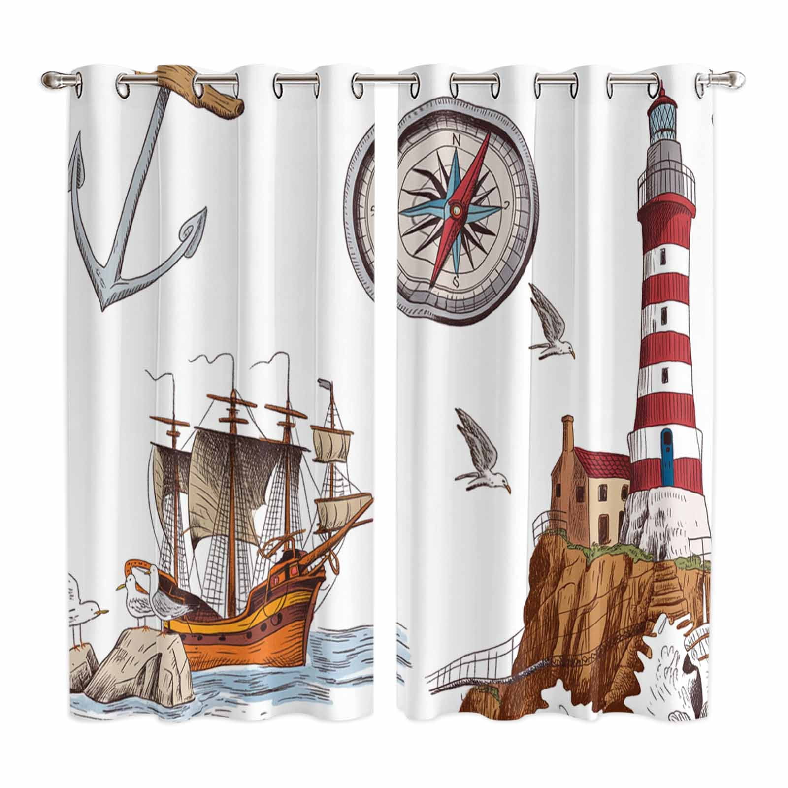 Curtains 84 Inches Long 2 Panels, Nautical Lighthouses Grommets Window ...