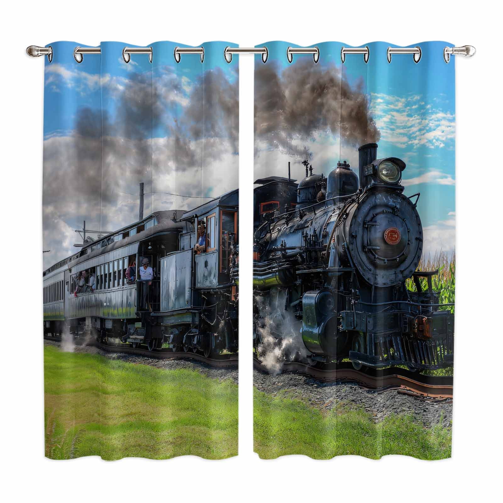 Curtains 84 Inches Long 2 Panels, Watercolor Trains Grommets Window ...