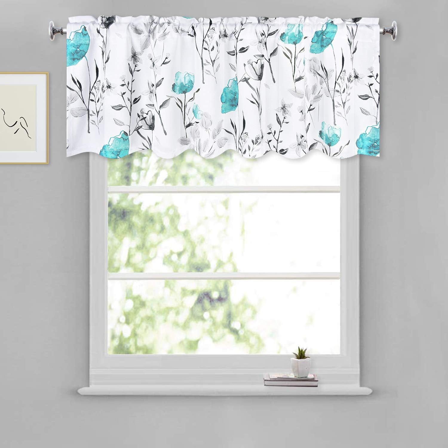 Curtains Flower Watercolor Window Drapes Teal Valance 52 × 18 Inches ...