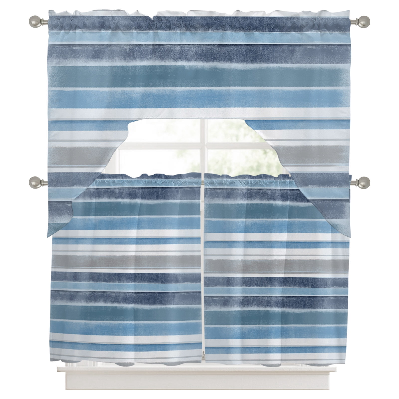 Curtains Swag and Tiers Curtains Set, Blue Nordic Style Stripes ...