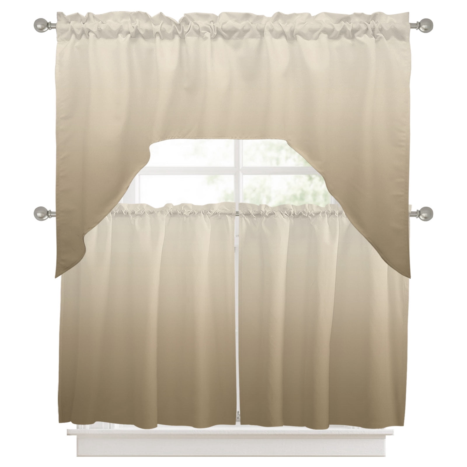 Curtains Swag and Tiers Curtains Set, Brown Beige Valances with Kitchen ...