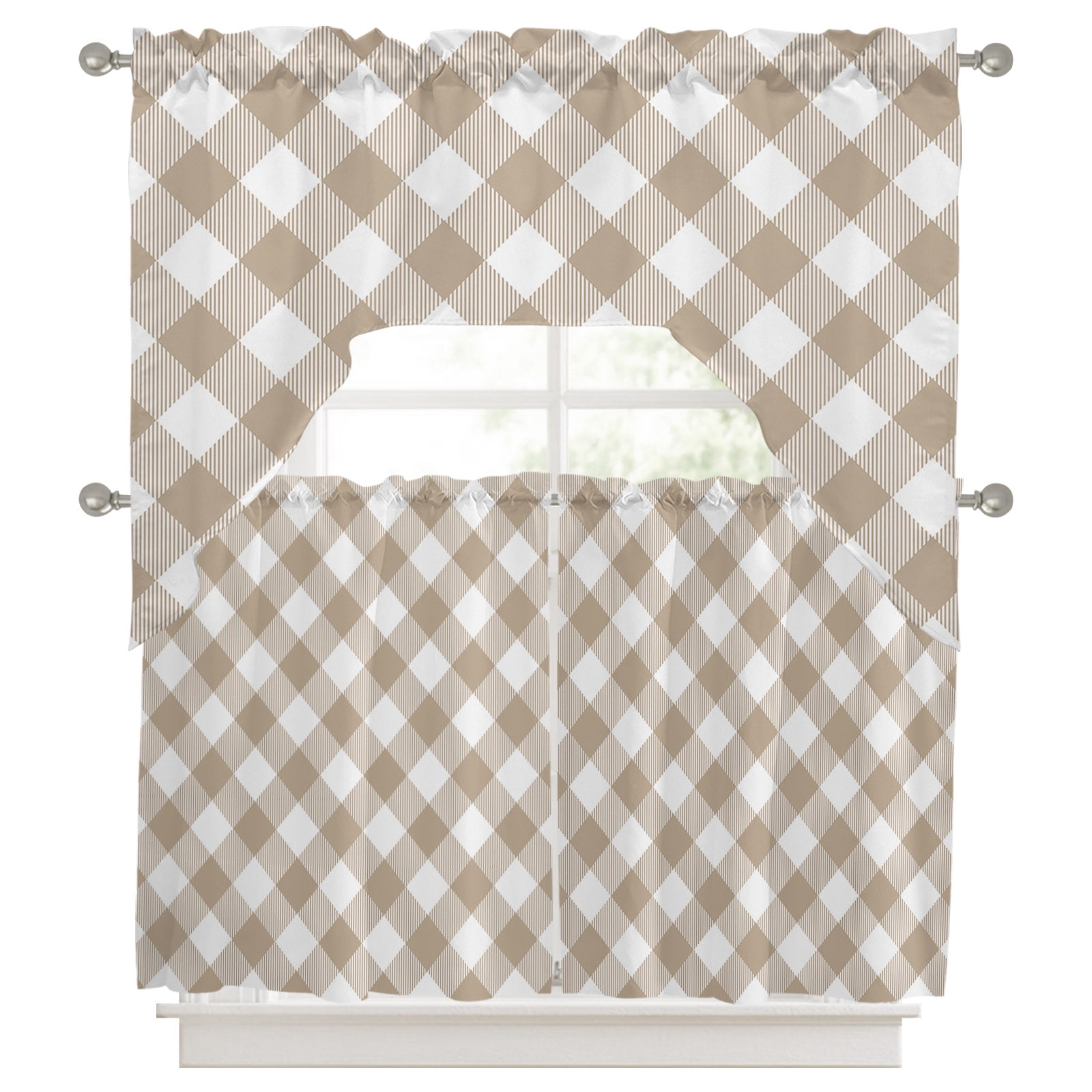 Curtains Swag and Tiers Curtains Set, Minimalistic Checkered Beige ...