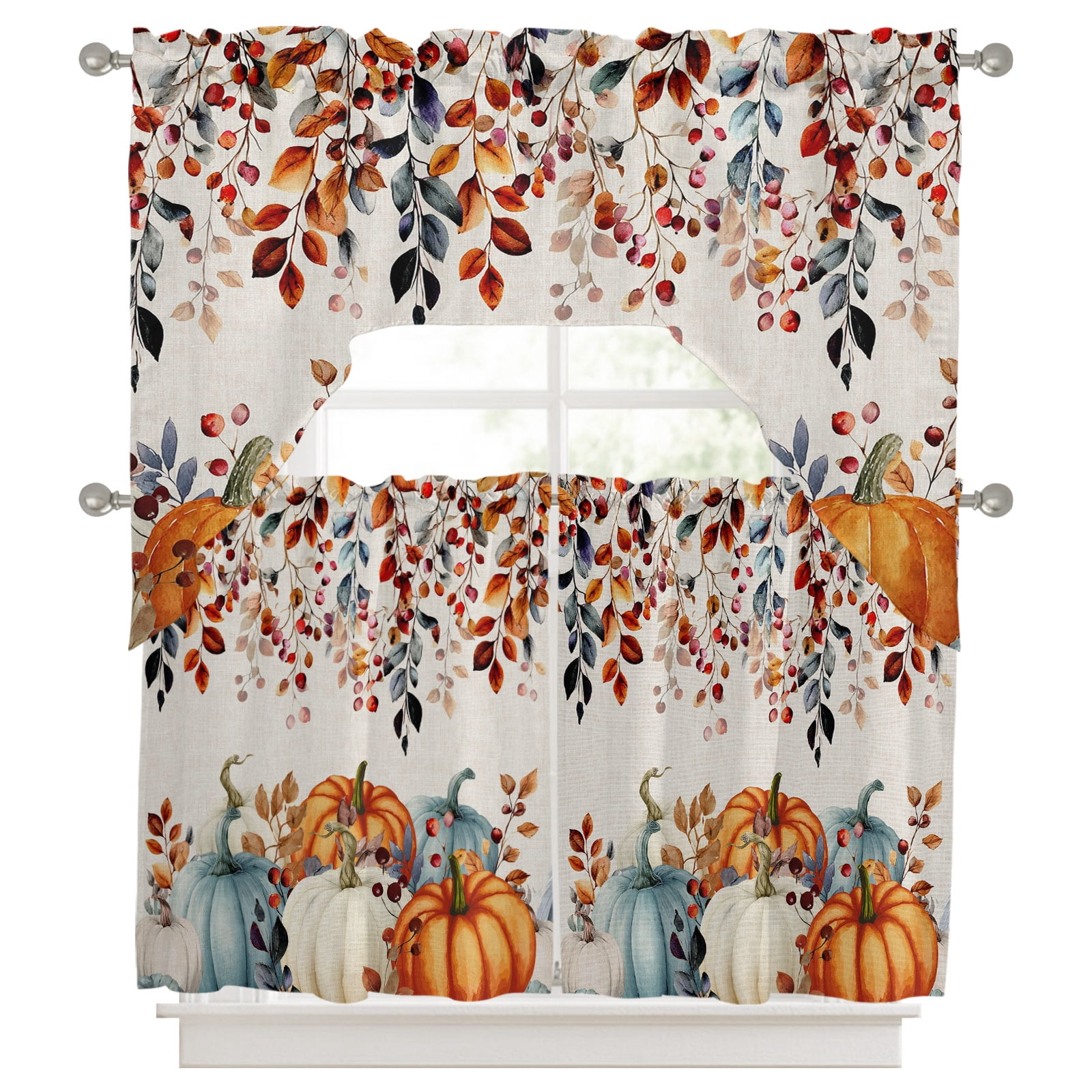 Curtains Swag and Tiers Curtains Set, Orange Blue Pumpkins Valances ...