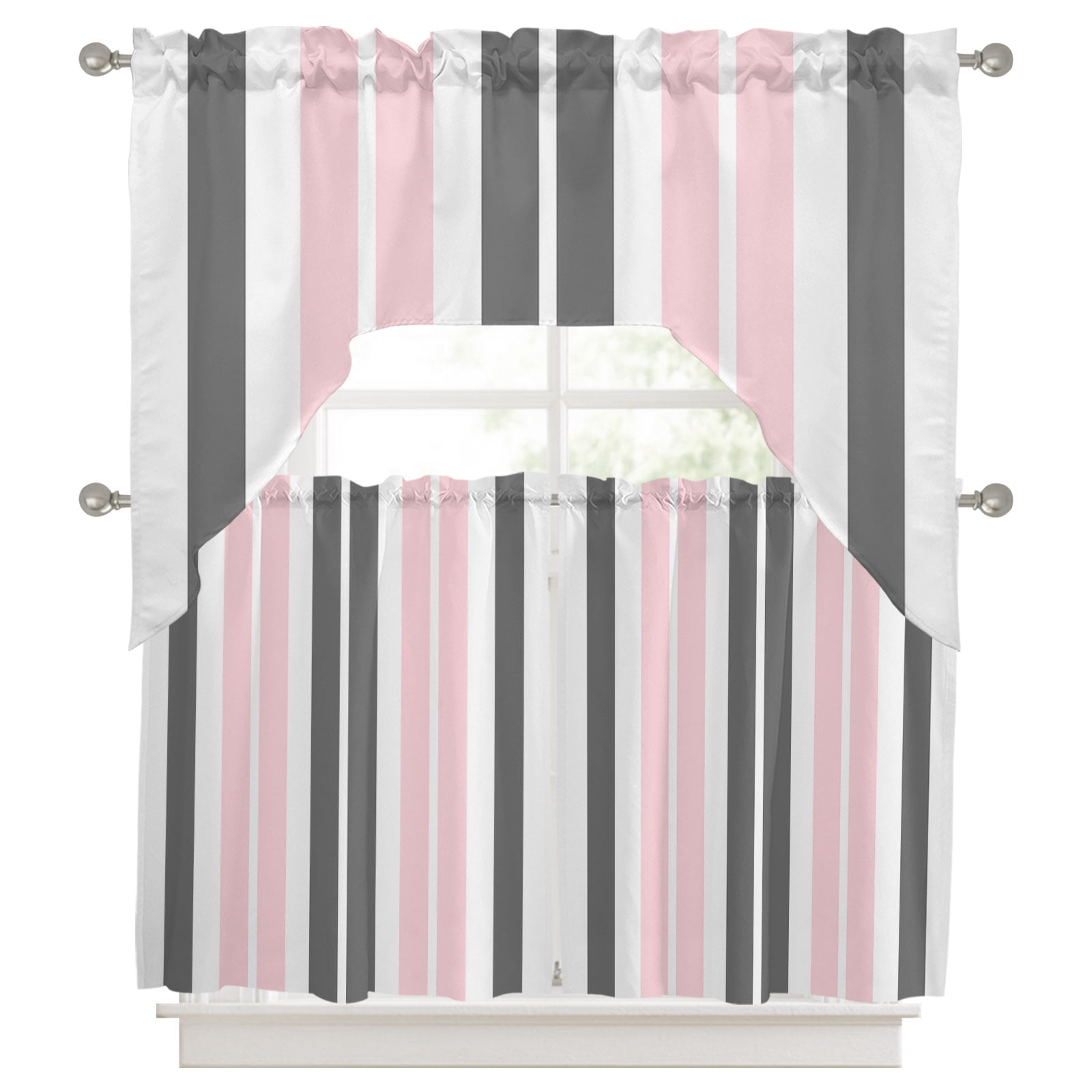 Curtains Swag and Tiers Curtains Set, Pink Grey Striped Valances with ...
