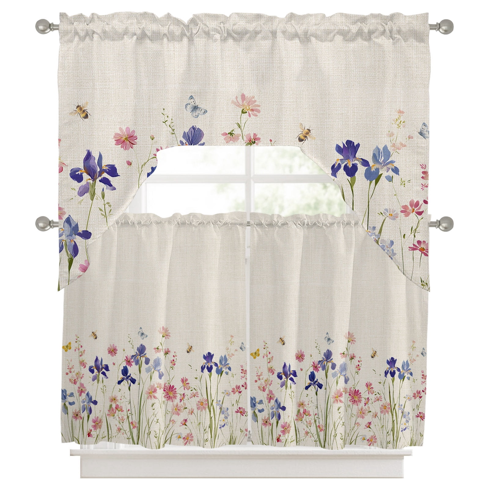 Curtains Swag and Tiers Curtains Set, Spring Floral Valances with ...