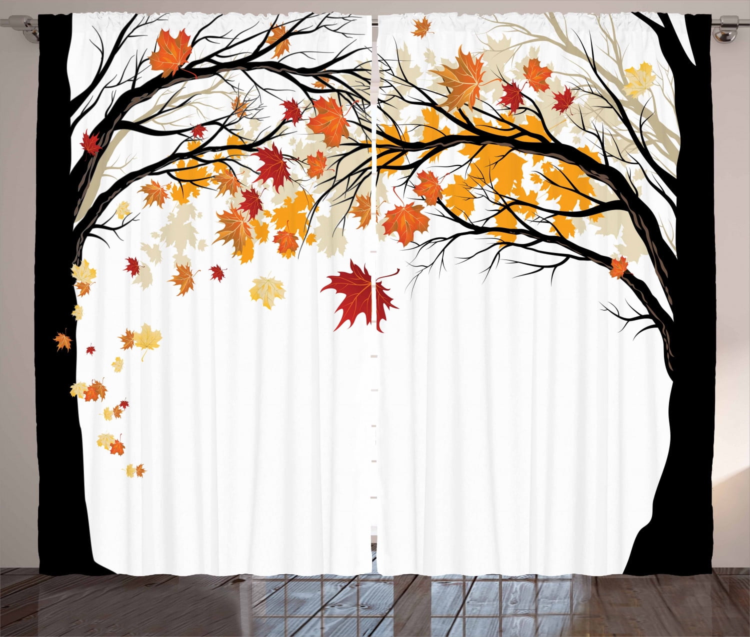 Ambesonne Autumn Curtains 2 Panel Set, Trees with Dried Leaves, 108" x ...