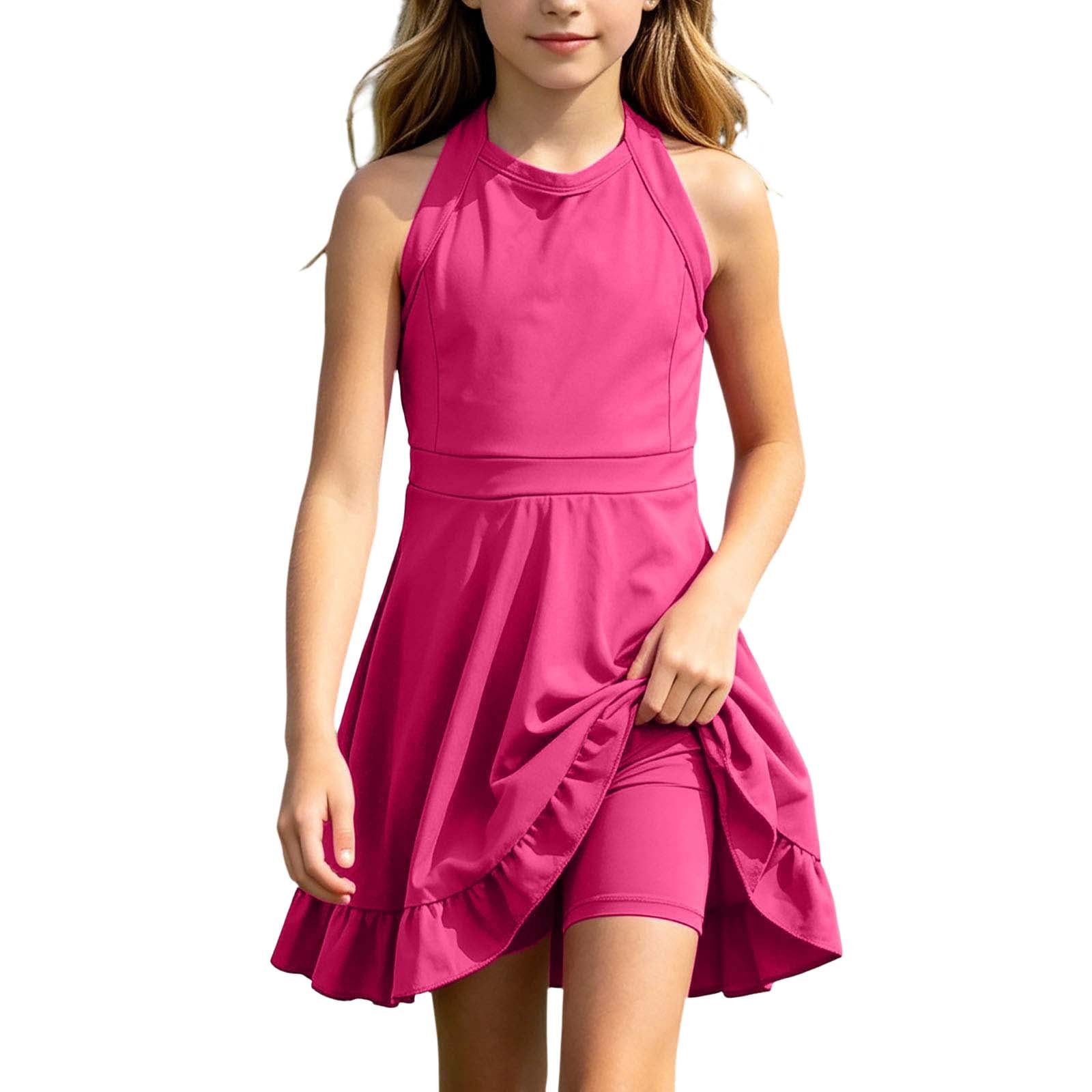 Curuila Child Kids Girls Dress With Shorts Solid Color Crew Neck ...