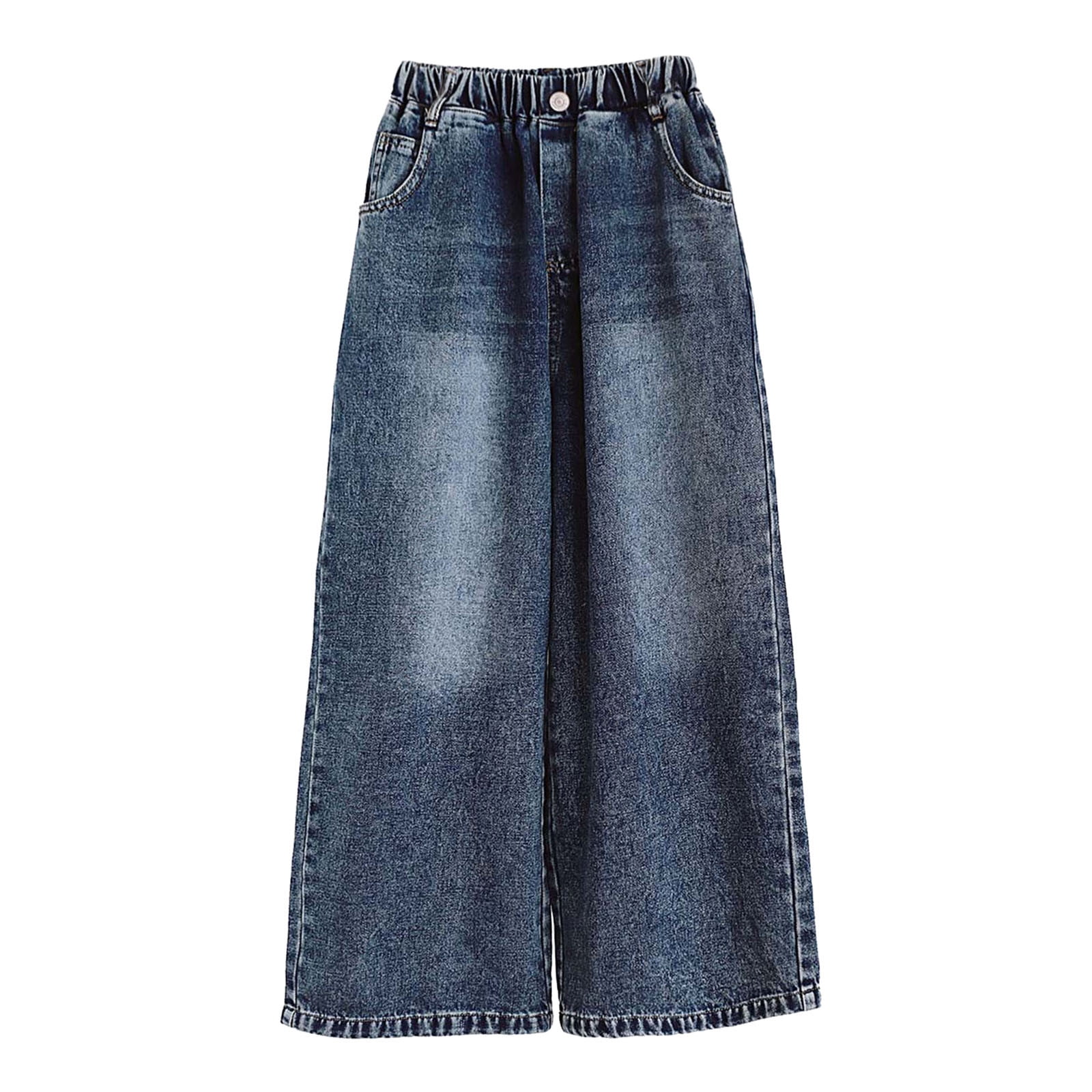Curuila Children Girls Denim Pants Elastic Waist Solid Color Casual ...
