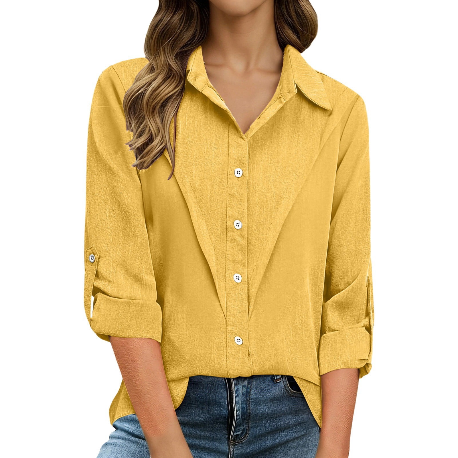 Curuila Long Sleeve Shirts For Women Lapel Button Down Solid Color ...