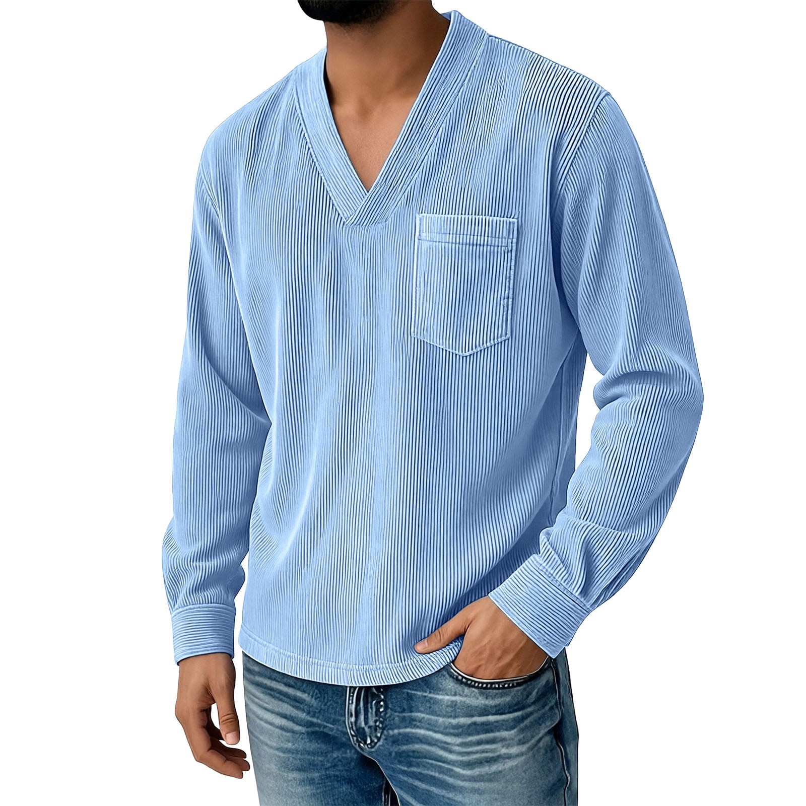Curuila Mens T Shirt Casual Long Sleeve V Neck Shirt Solid Color Soft ...