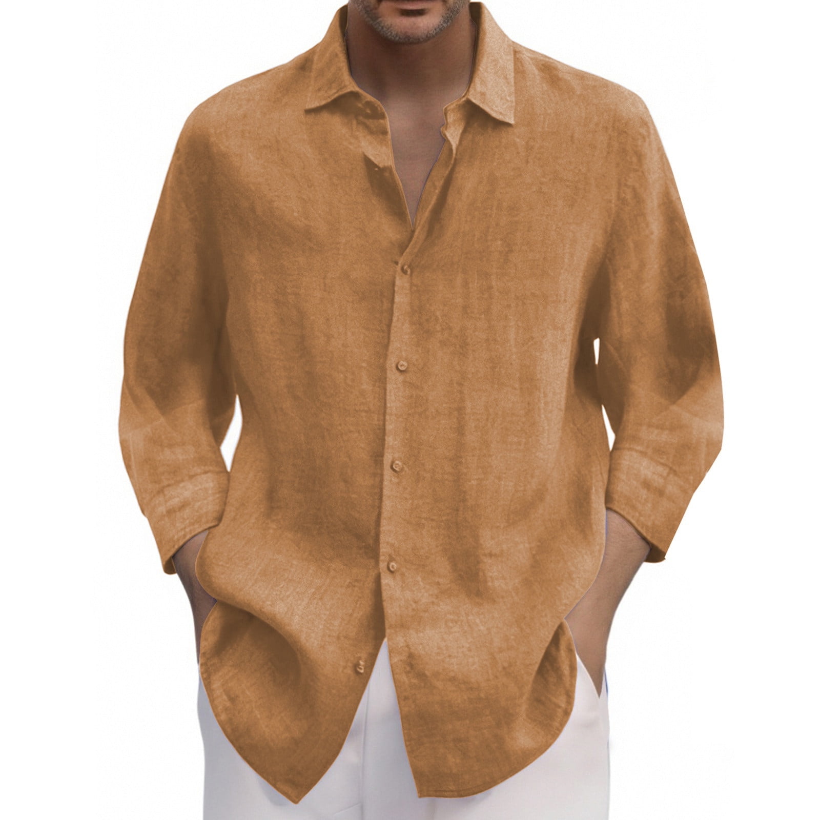 Curuila Mens Tops Solid Color 3/4 Sleeve Spring Summer Lapel Button ...