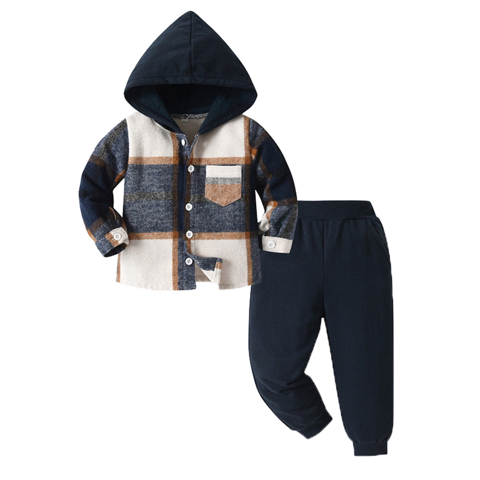 Curuila Toddler Boys Girls Two Piece Set Long Sleeve Plaid Prints Lapel Button Hooded T Shirt ...