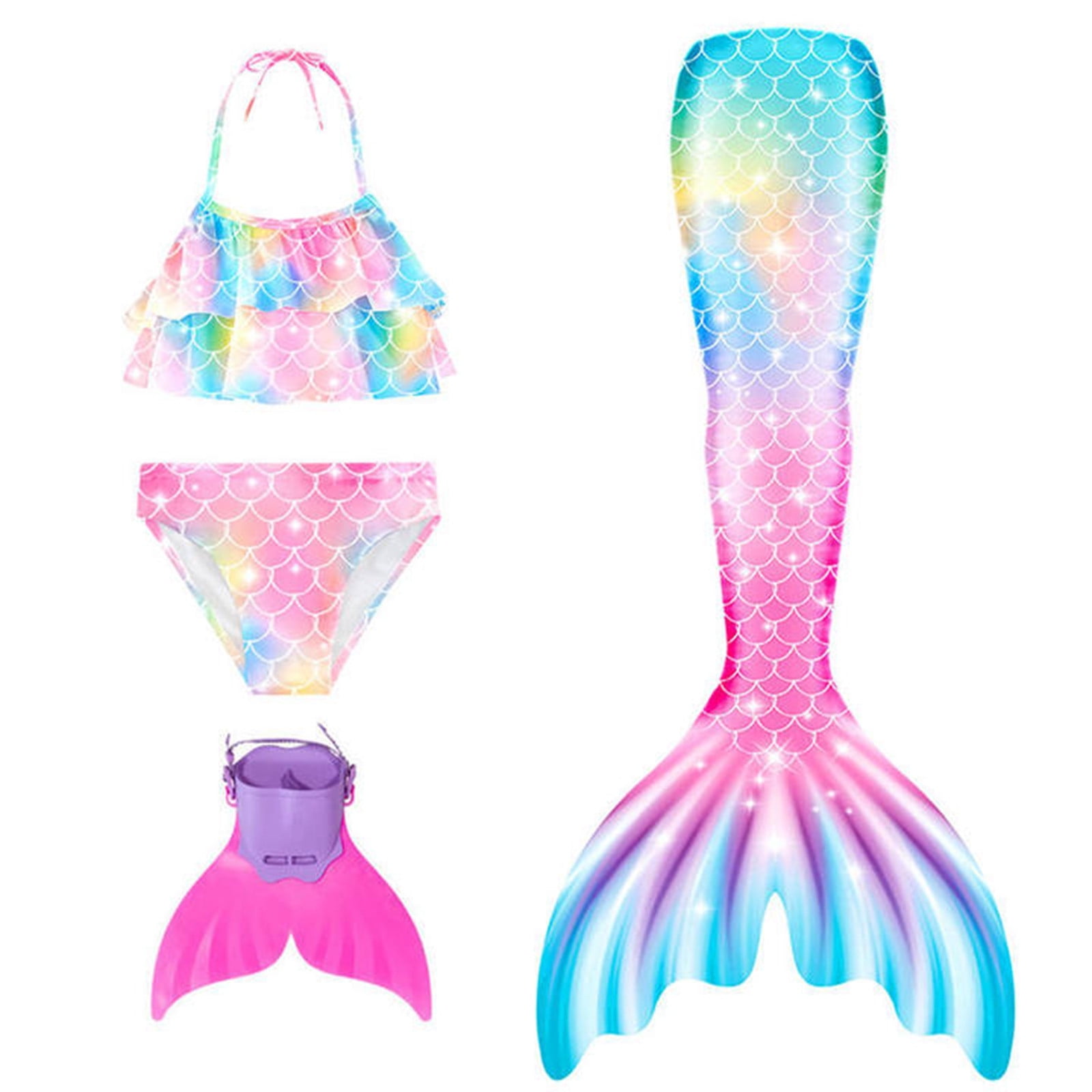 Curuila Toddler Girls Swimsuits Adjustable Strap Print 4Pcs With Tail ...