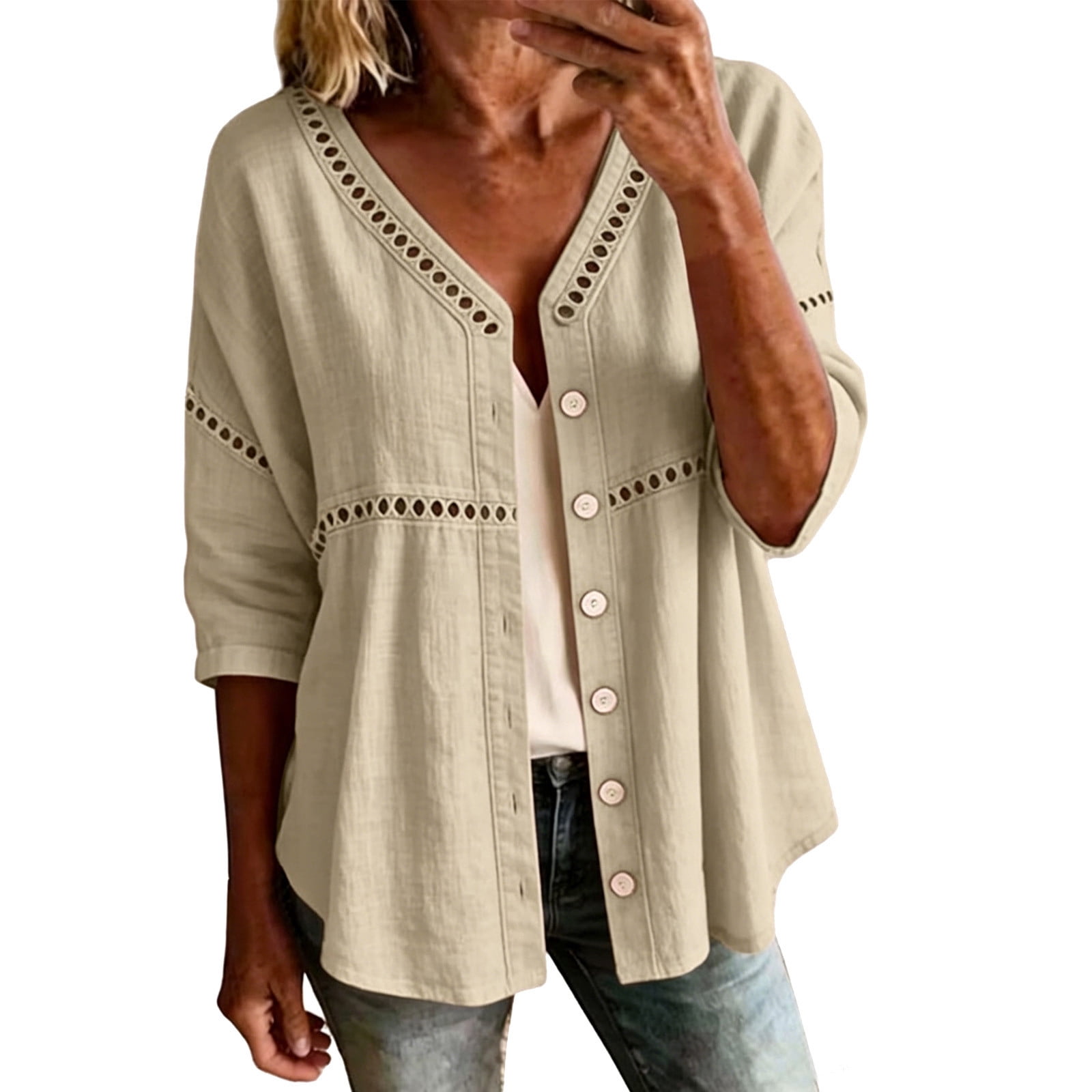 Curuila Womens Cardigan Solid Color Hollow Out 3/4 Sleeve V Neck ...