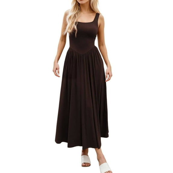 Curuila Womens Casual Long Dress Square Neck Solid Color Sleeveless ...