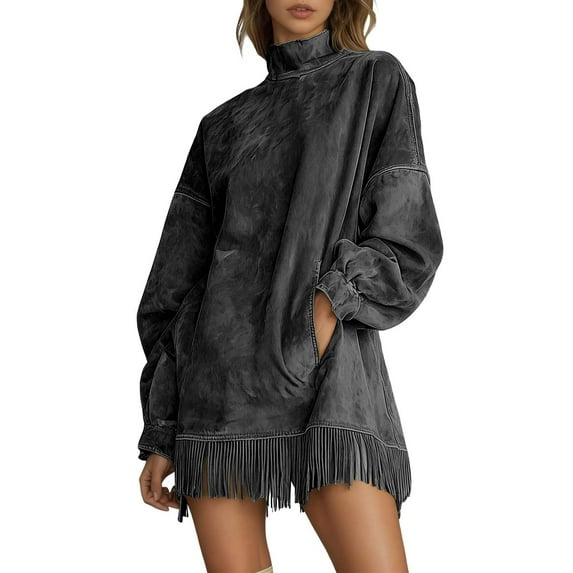 Curuila Womens Dress Long Sleeve High Neck Solid Color Relaxed Fit ...