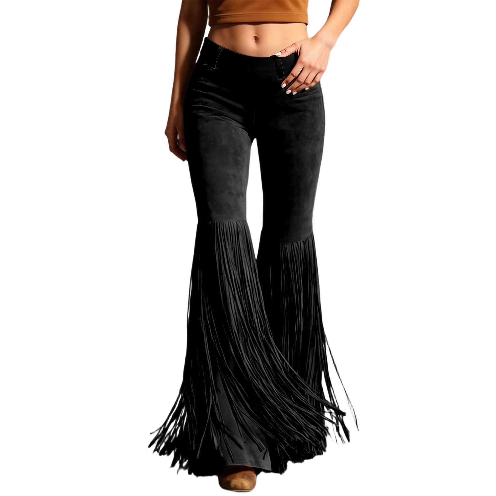 Curuila Womens Flared Pants Tassels Fringe Solid Color High Waist ...