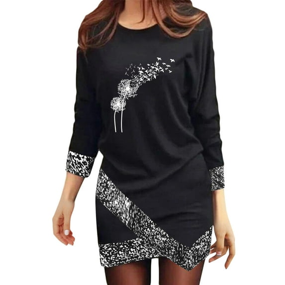 Curuila Womens Irregular Dresses Long Sleeve Print Crew Neck ...
