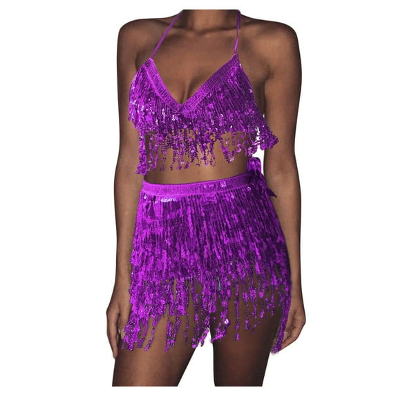 Curuila Womens Sequin Set Solid Color V Neck Sleeveless Halter Top ...