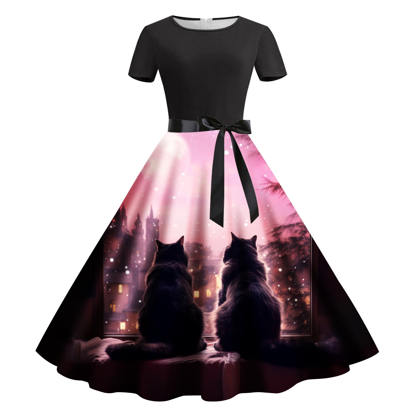 Curuila Womens Valentine'S Day Dress Cartoon Cat Print Crew Neck Short ...