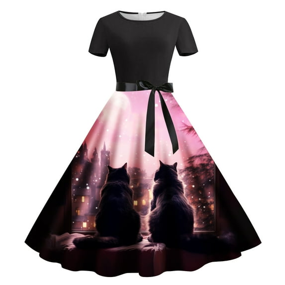 Curuila Womens Valentine'S Day Dress Cartoon Cat Print Crew Neck Short ...