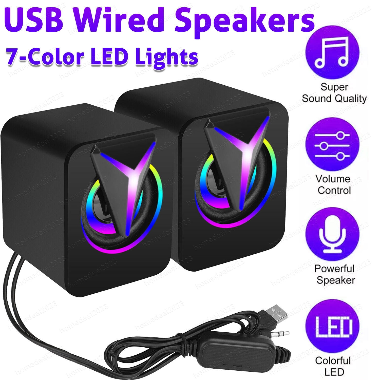 Curuk Wired 2.0 Channel Computer Speakers, RGB LED Mini USB Wired PC ...