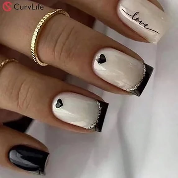 CurvLife Black and White Hearts Press-On Nails - 24PCS Medium Square ...