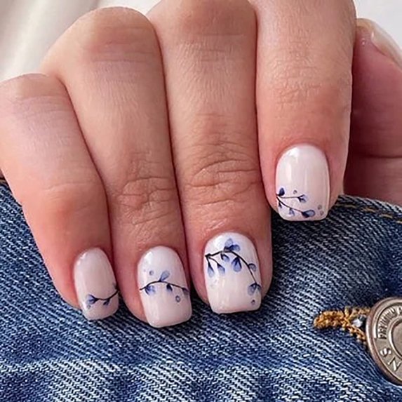 CurvLife Floral Vines Press-On Nails - 24PCS Short Rounded Square, Blue ...