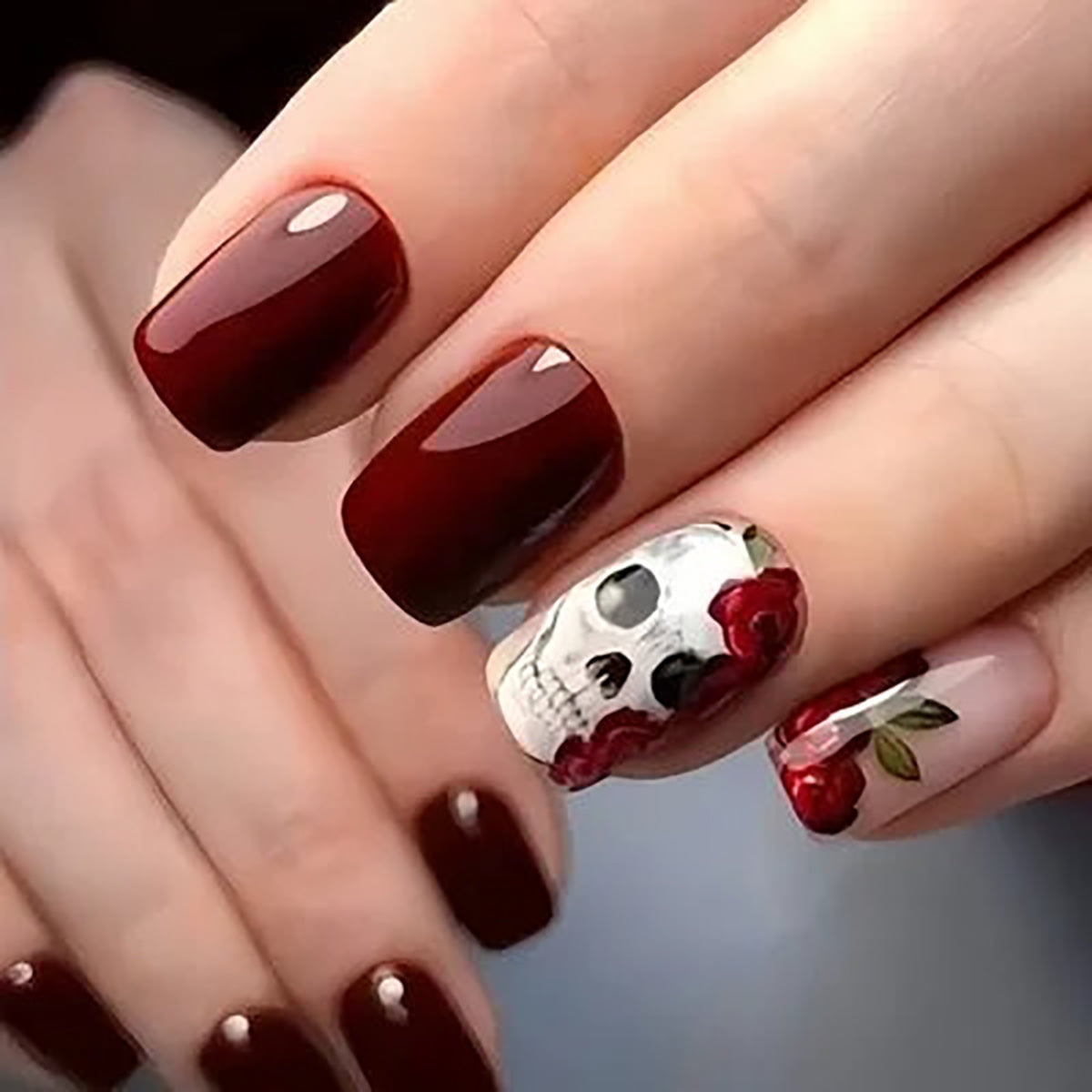 CurvLife Gloom Bud Press-On Nails - 24PCS Short Rounded Square, Gothic Rose Dark Style - Walmart.com