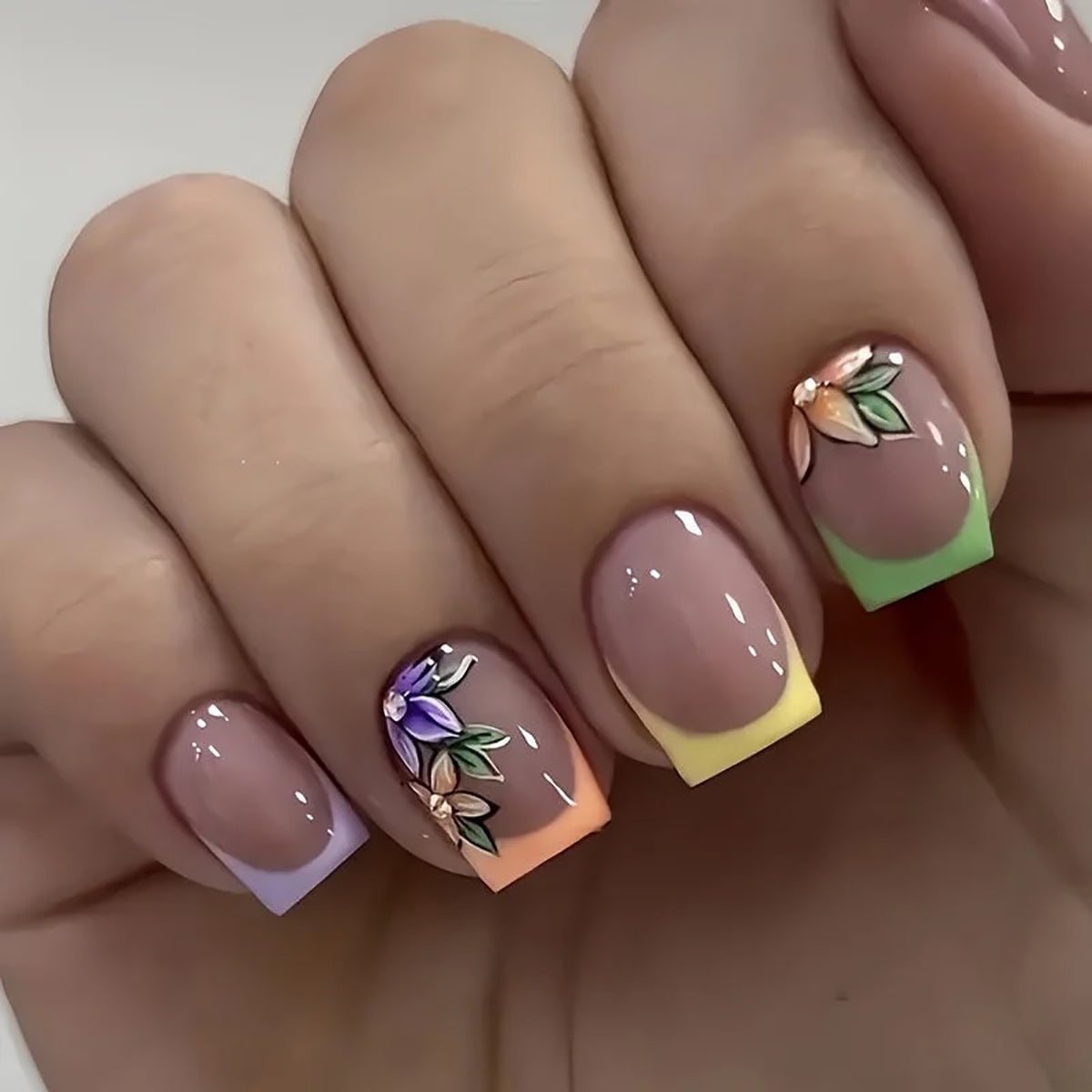 CurvLife Pastel Blossom Press-On Nails - 24PCS Short Square Fake Nails ...