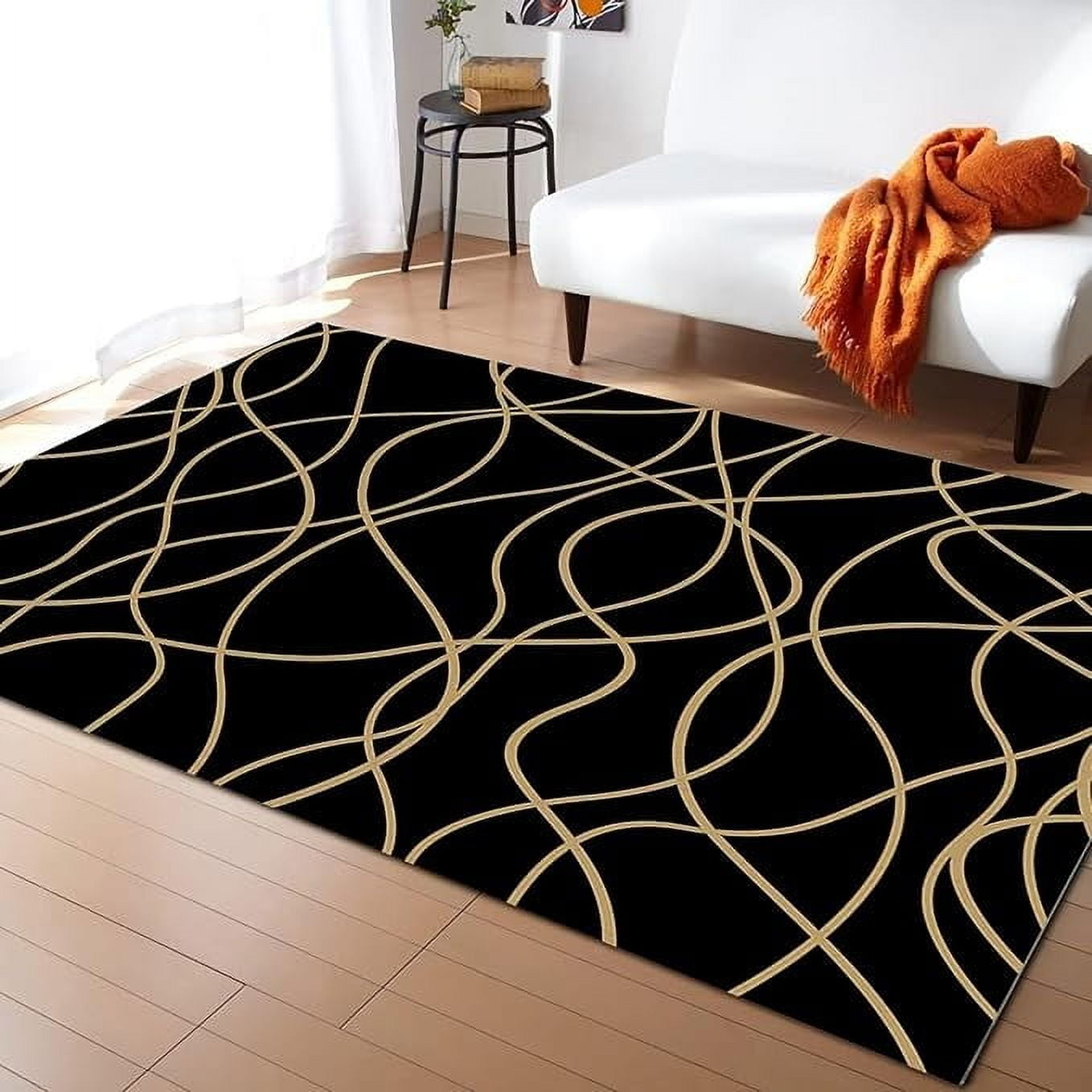 Curve Lines Geometric Black Area Rug, Lines Modern Art Black Soft ...