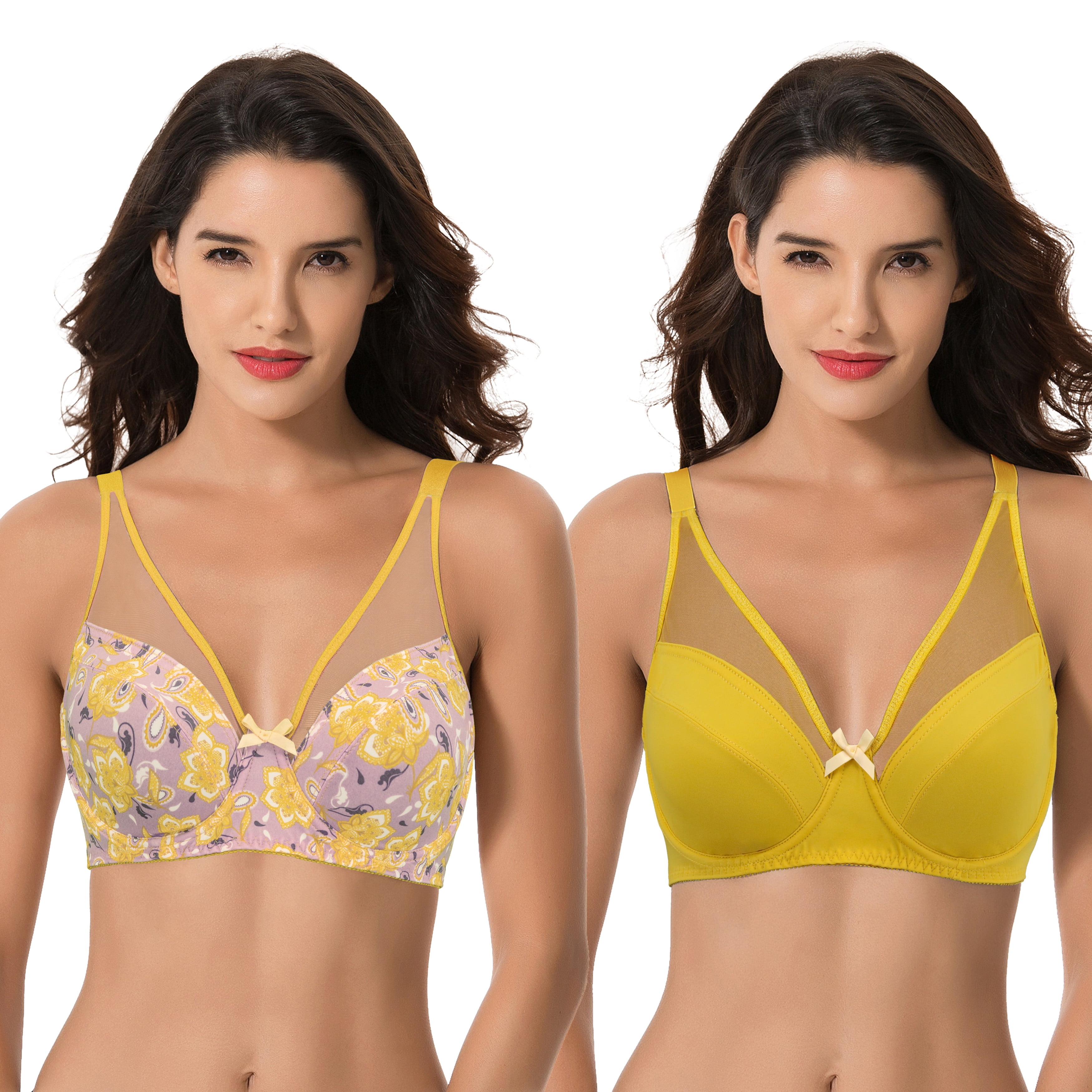 Curve Muse Plus Size Minimizer Underwire Bra with Floral and leopard Print-2pack-YELLOW,MAUVE ...