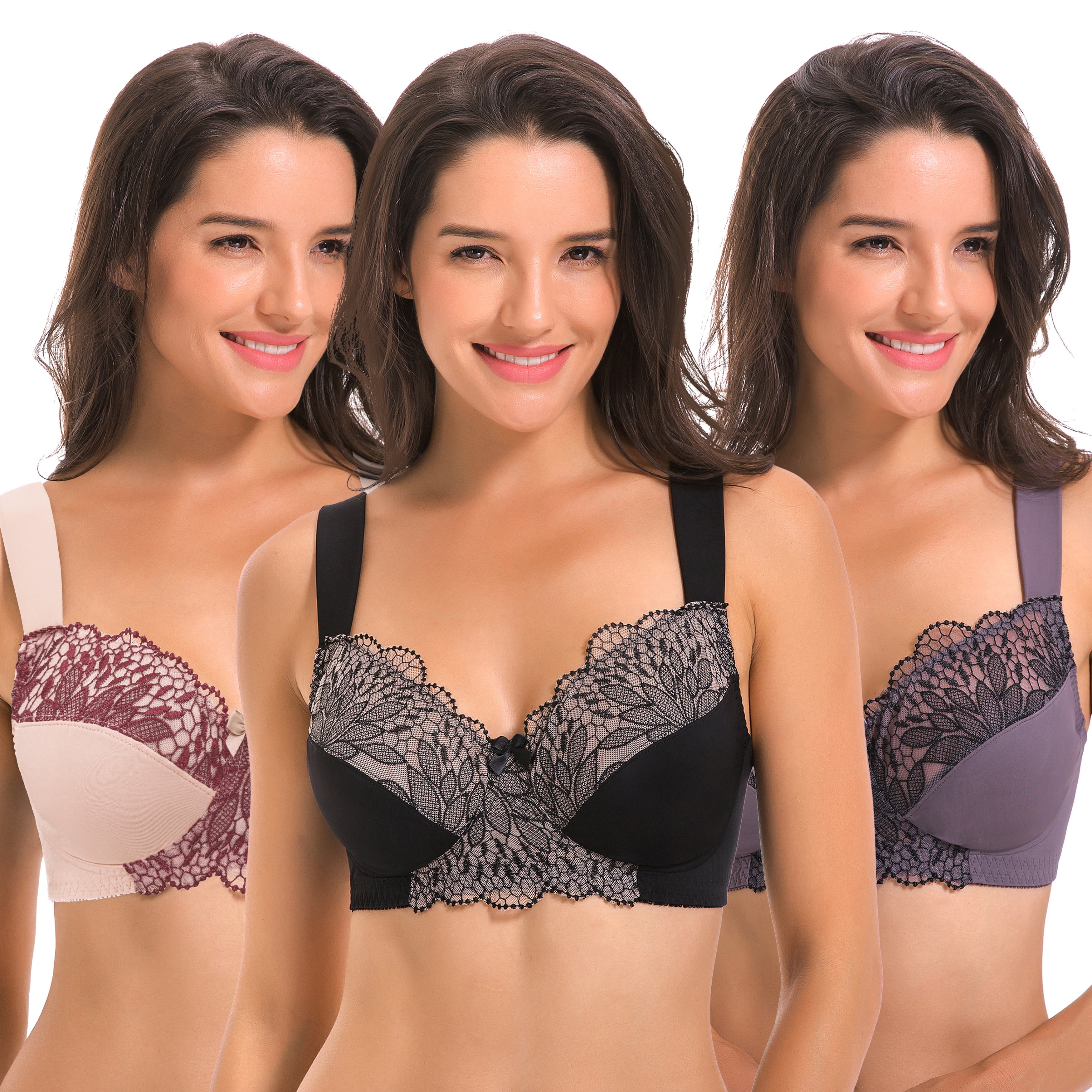 Curve Muse Plus Size Unlined Minimizer Wirefree Bras with Embroidery Lace-3Pack-Grey,Pink,Black ...