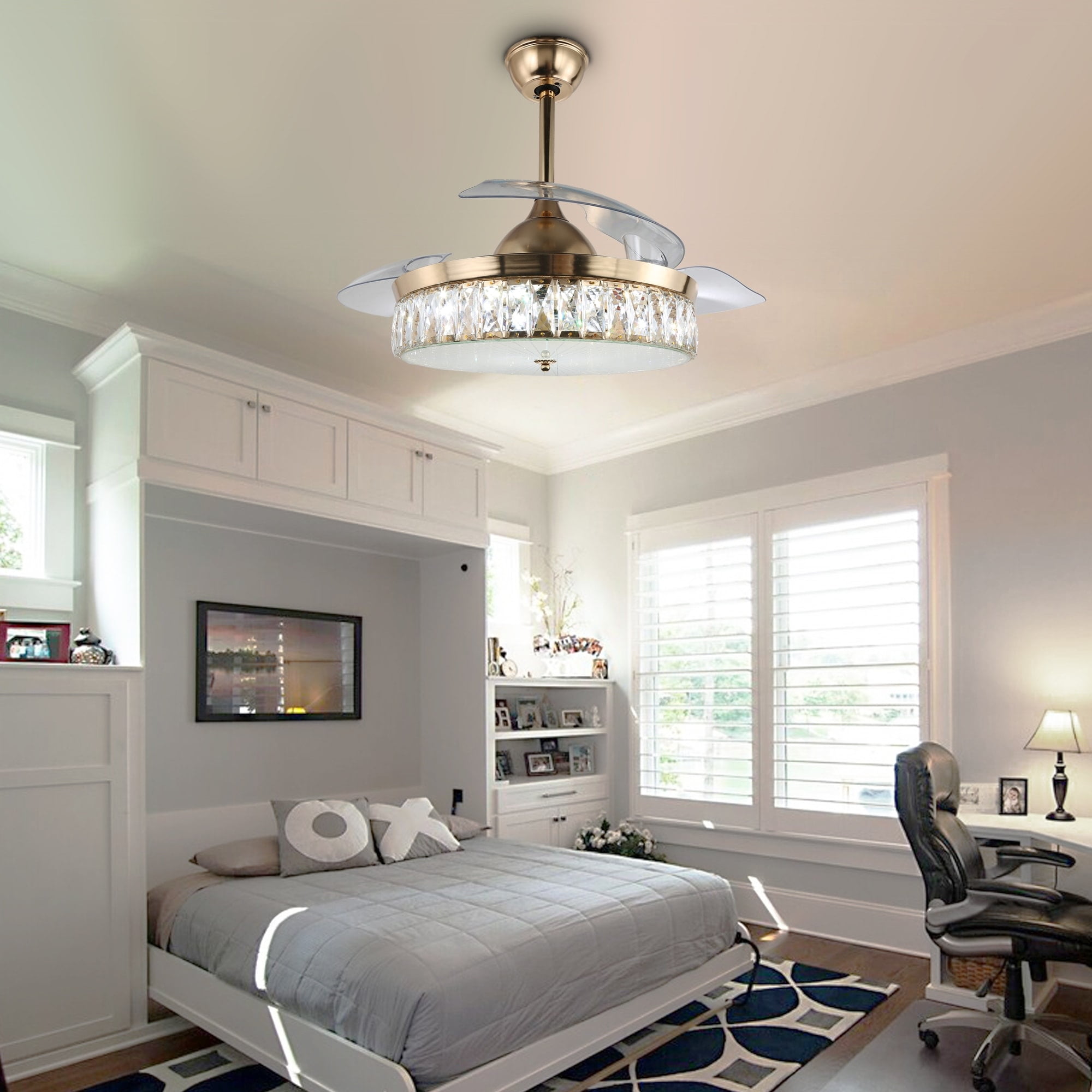 CurveCurio Crystal Retractable Ceiling Fan with Glass Shade LED Light ...