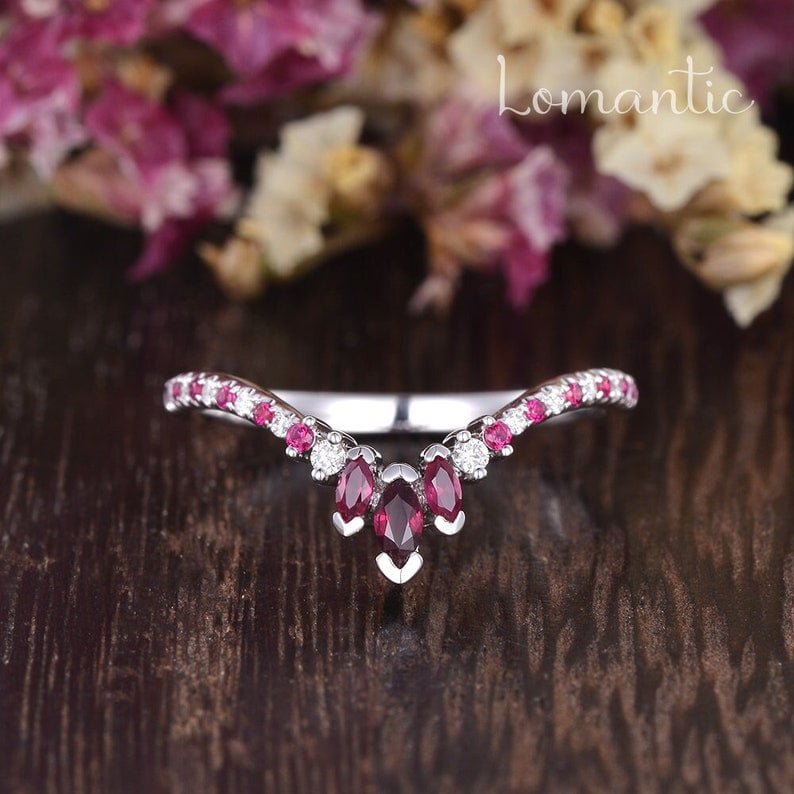 Curved 14k White Gold Ring Natural Ruby Ring Half Eternity Stacking Wedding Band Moissanite ...