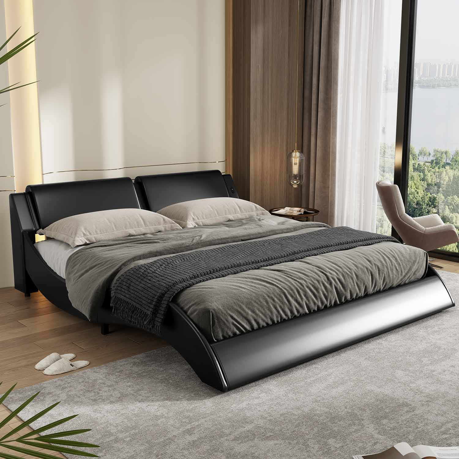 Curved Bed Frame with LED Lights & Power Strips, Low Profile ...