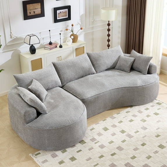 Curved Boneless Sofa, Modern Chenille Fabric Sectional Sofa with 3 Back ...