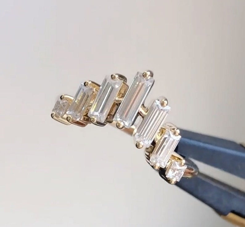 Curved CZ Diamond Wedding Band Women,Chevron Wedding Ring, Baguette ...