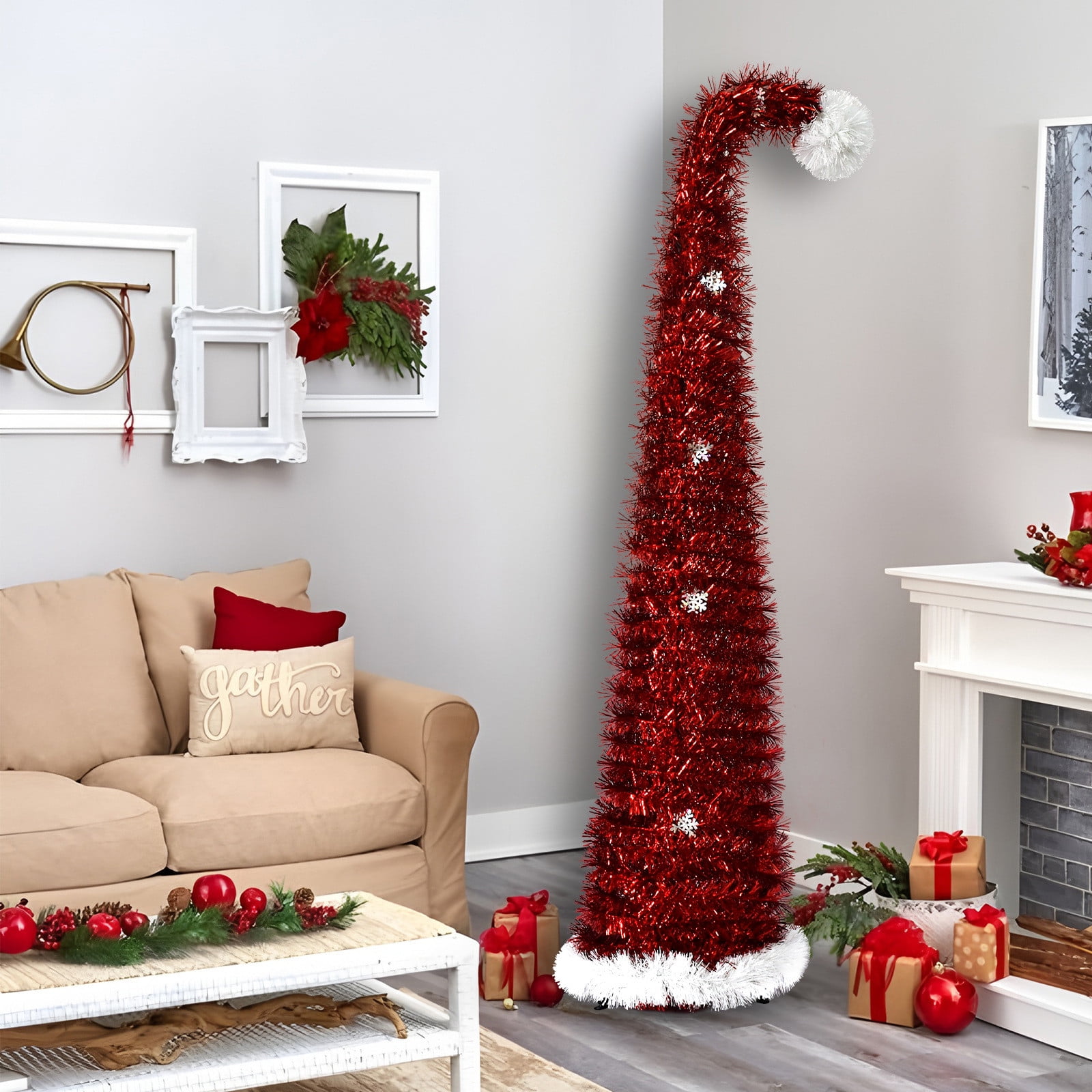 Curved Christmas Tree, 4.9-Foot, Red and Green Sequins with Ball ...