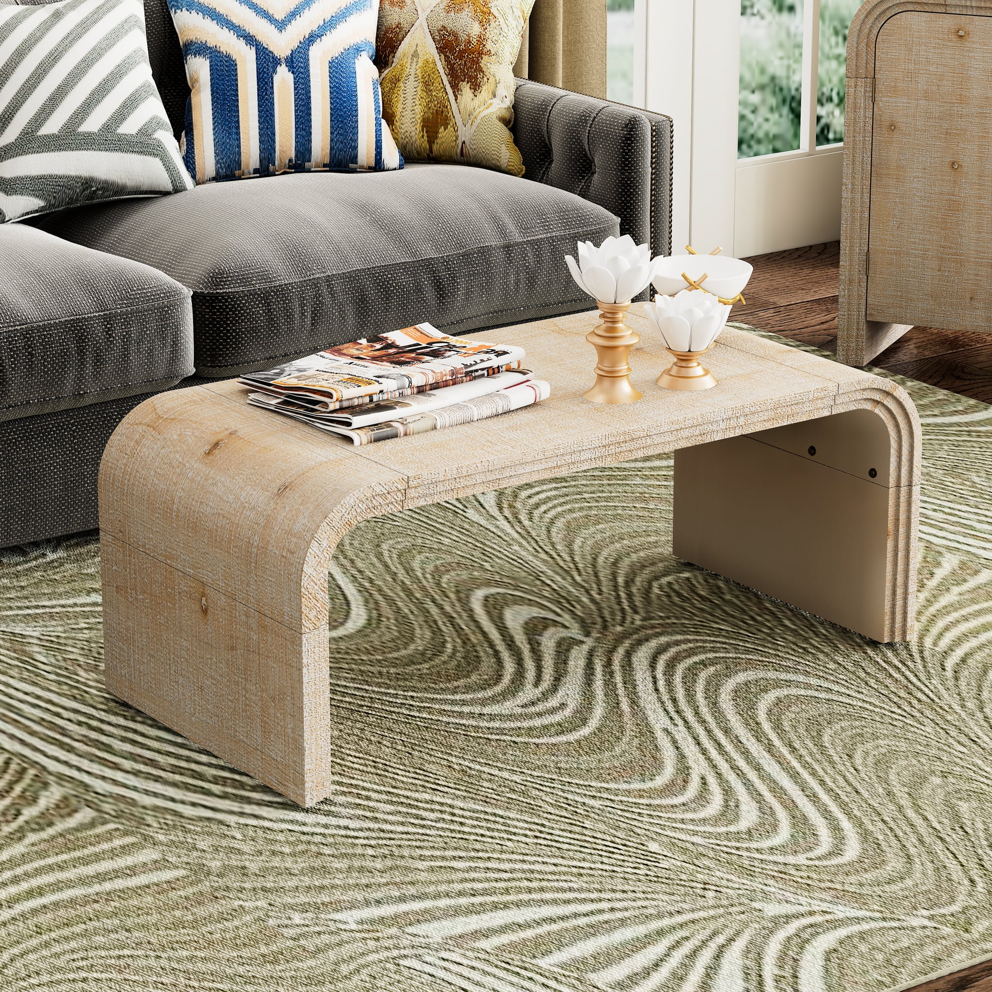 Curved Coffee Table In Natural Wood Wash - Art For Home Interior Retro ...