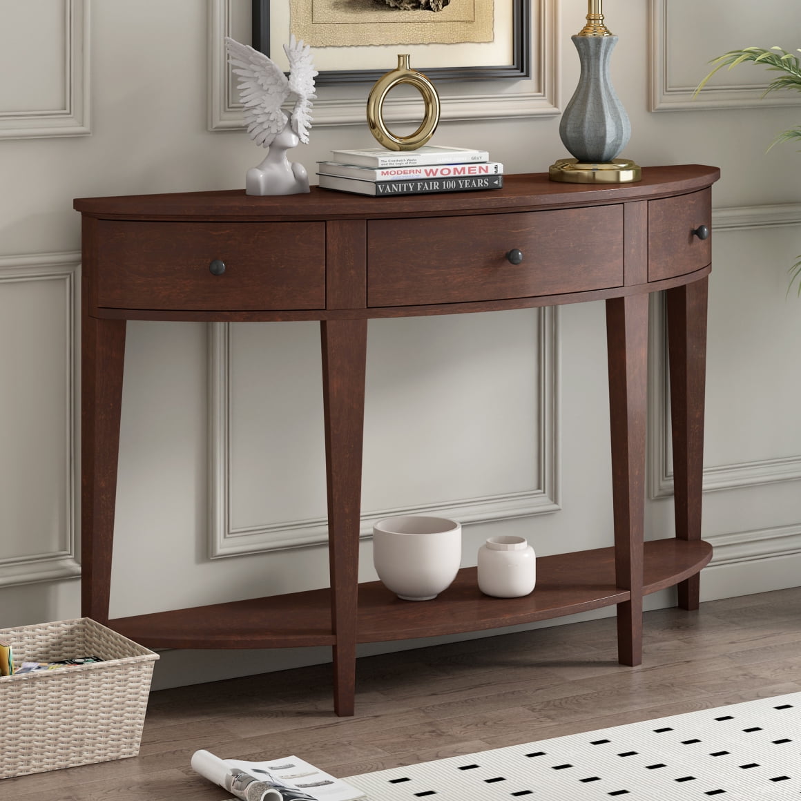 Curved Console Table, Solid Wood Sofa Table with 3 Drawers and 1 Bottom ...