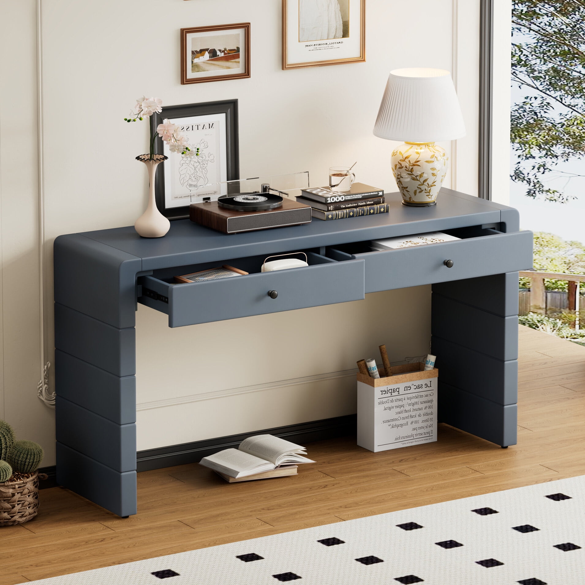 Curved Console Table with Storage, Wooden Entryway Table with 2 Drawers ...