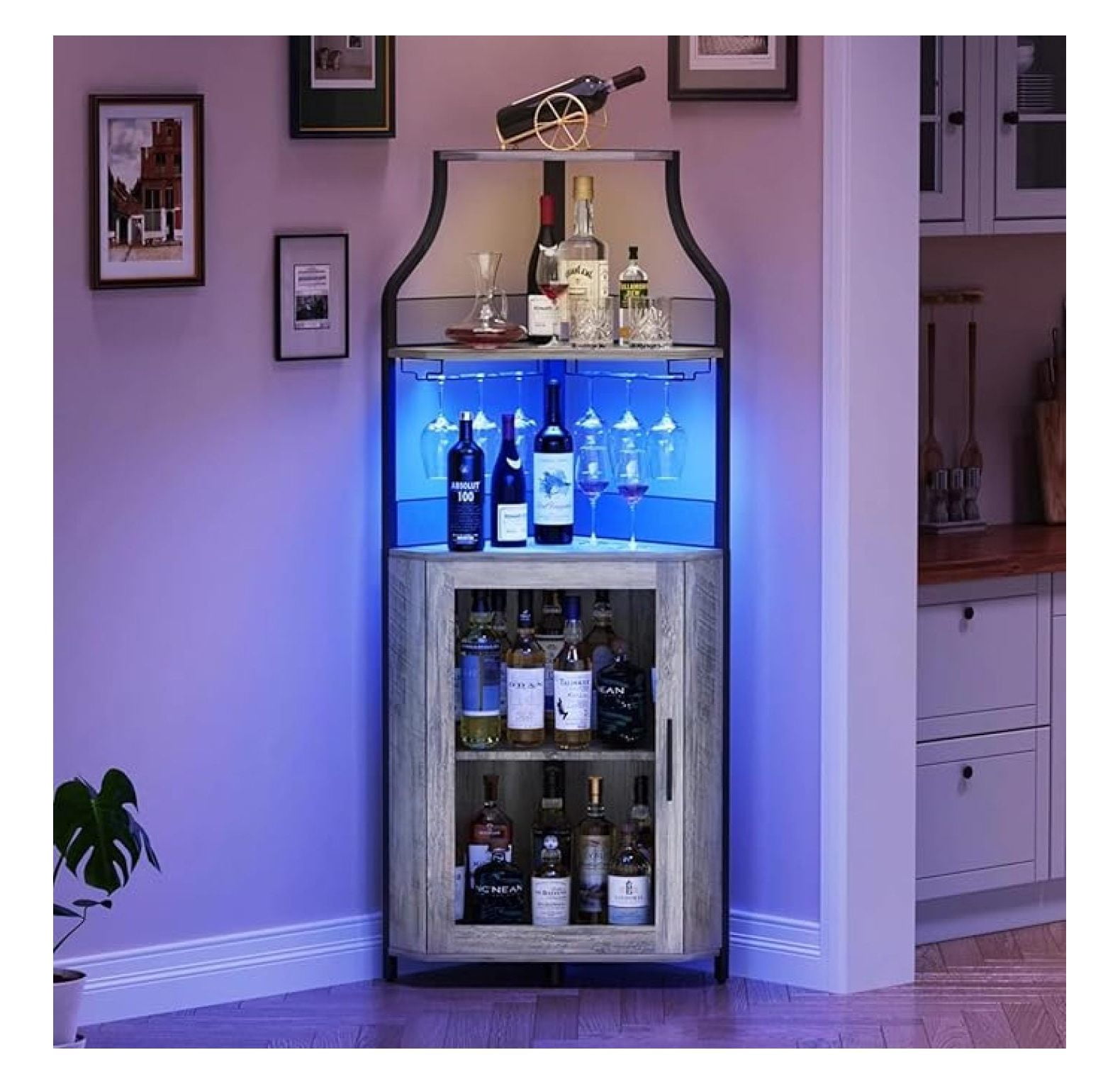 Curved Corner Bar Cabinet with Barn Door, 5-Tier Brown Wine Cabinet for ...